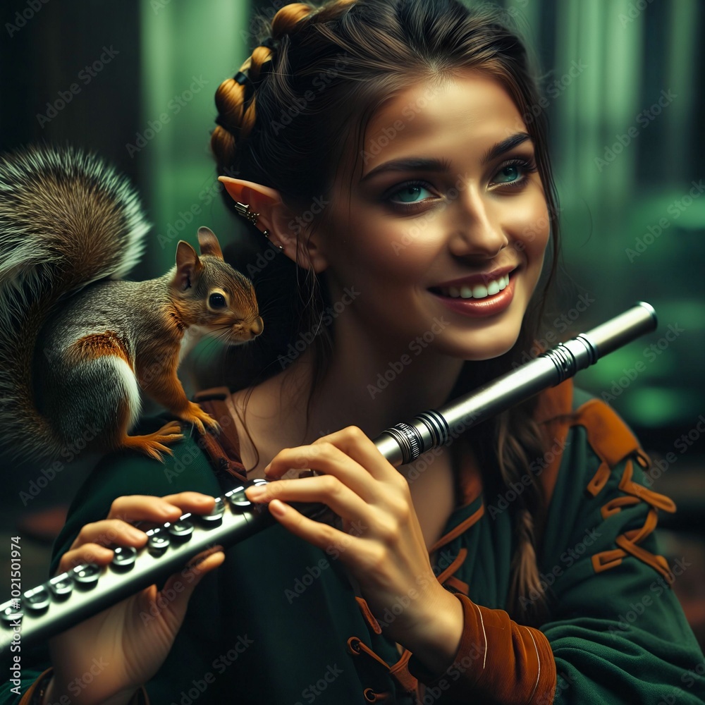 Elf playing a silver flute, squirrel on her shoulder. Natural ...