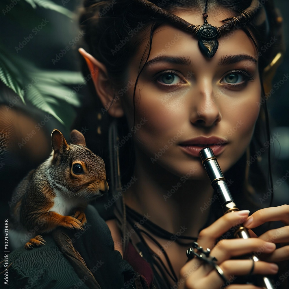 Elf playing a silver flute, squirrel on her shoulder. Natural ...