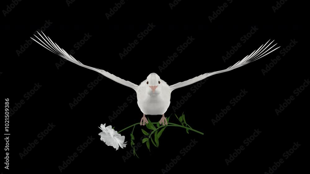 White Dove Bird with White Peony Flower - Flying Loop - Front View CU ...