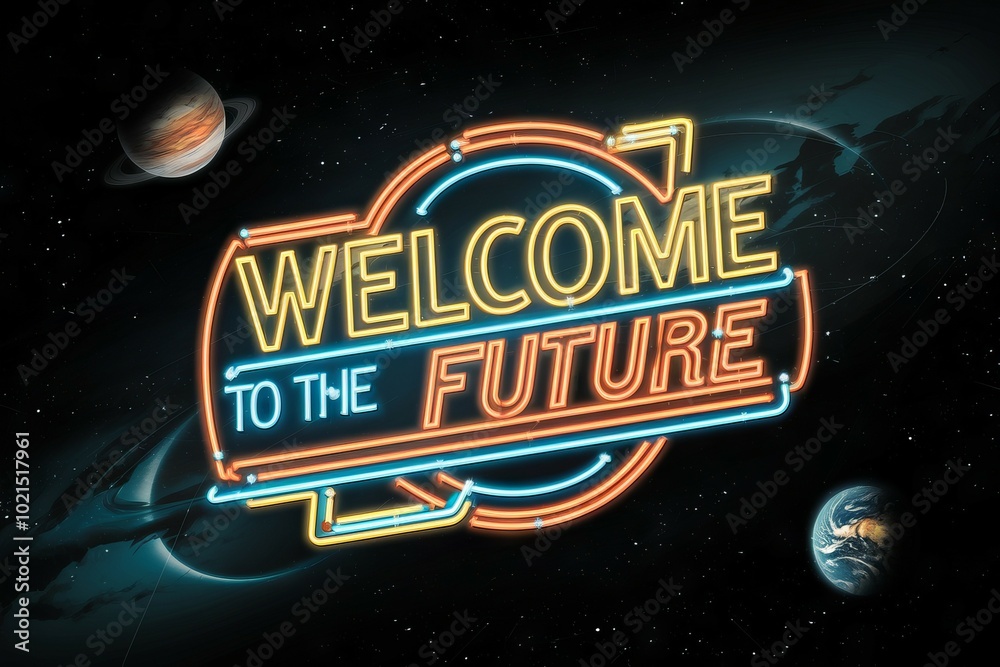 Welcome to the future. Neon sign in space, symbolizing progress and ...