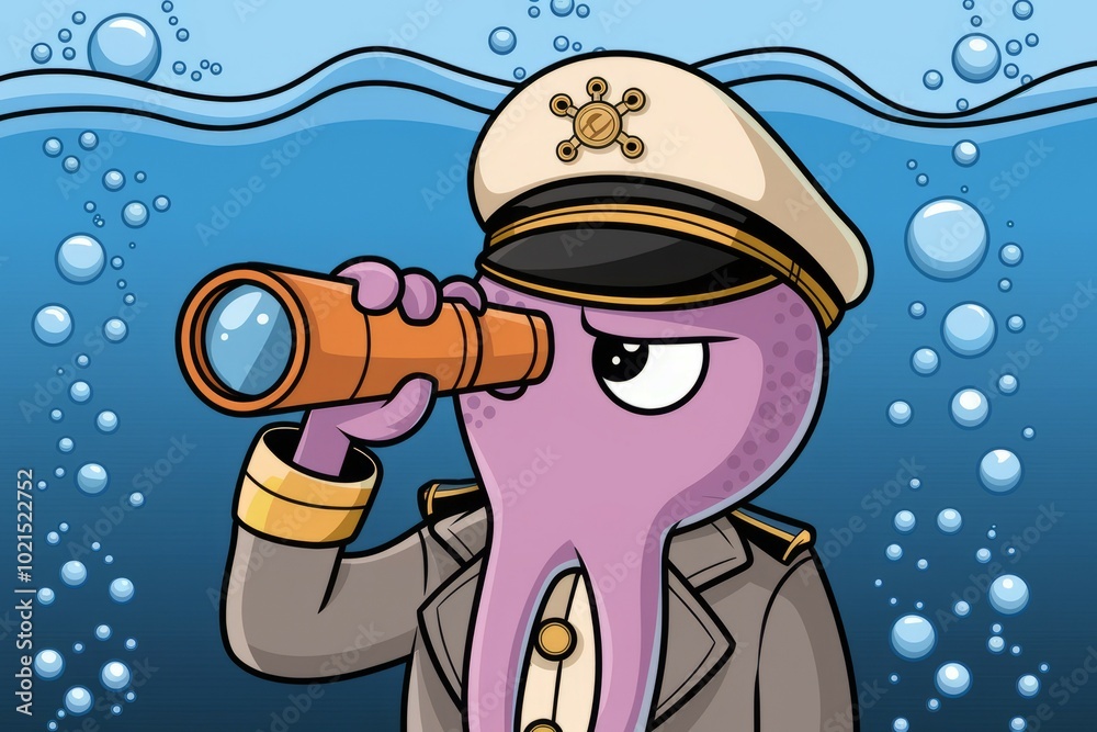 Octopus captain. An octopus captain wearing a hat and looking through a ...