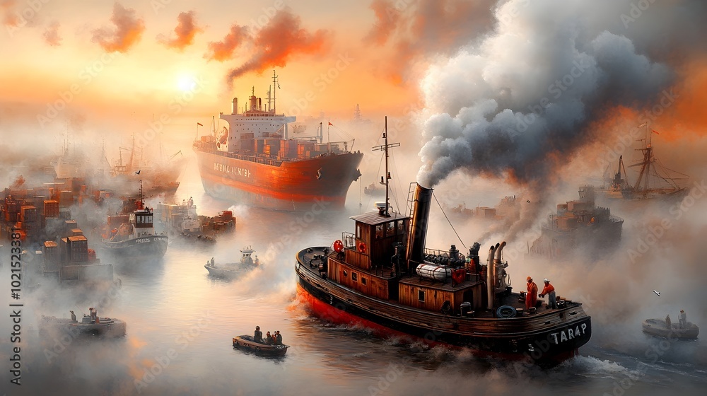 Powerful wooden tugboat with billowing smoke stacks propelling a large ...
