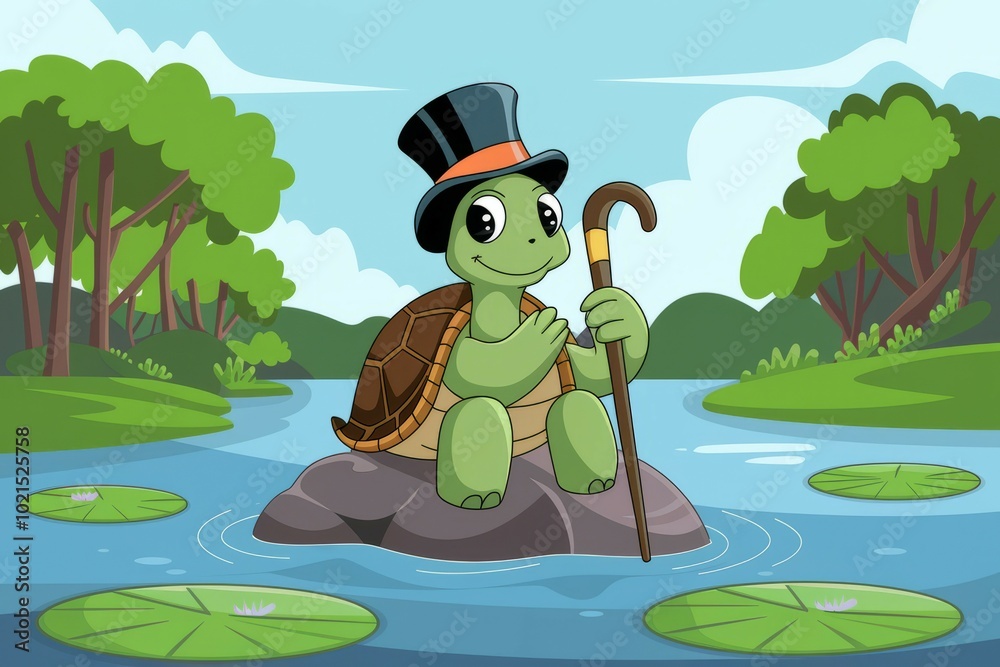Turtle gentleman. Cartoon turtle wearing a top hat and holding a cane ...