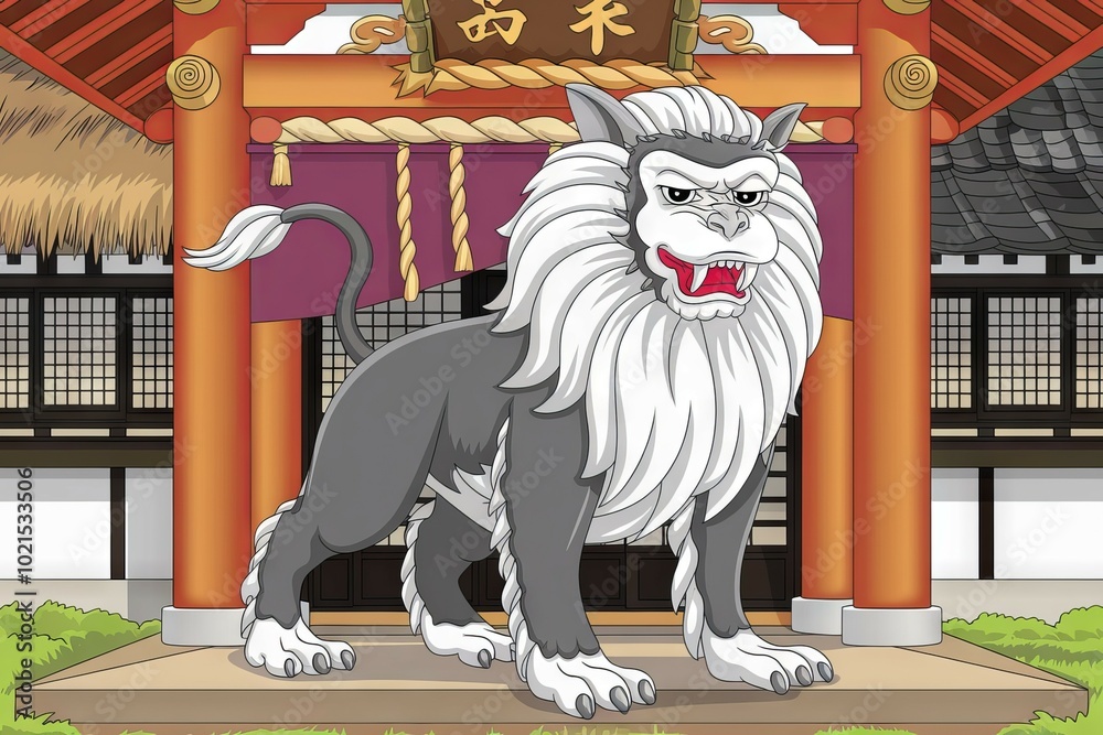 Guardian lion shrine. Powerful mythical creature, guardian lion with ...