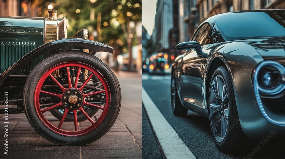 A vintage car with red wheels and a modern car side by side. The ...