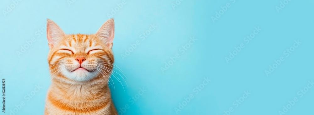 smiling and laughing happy cat isolated on light blue background ...