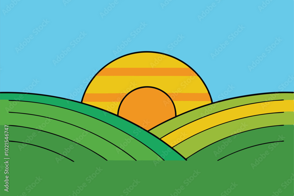 Stunning sunset over rolling hills vector artwork, perfect for creating ...