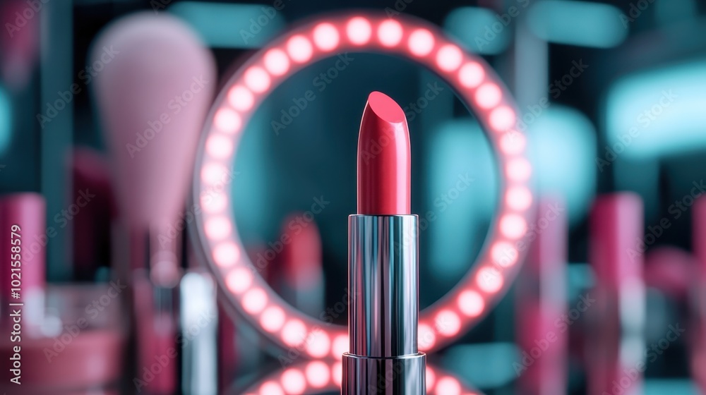 An iconic lipstick stands poised and centered against a luminous ...