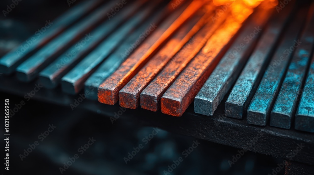 Glowing metal bars transitioning from red-hot to cool, resting on an ...