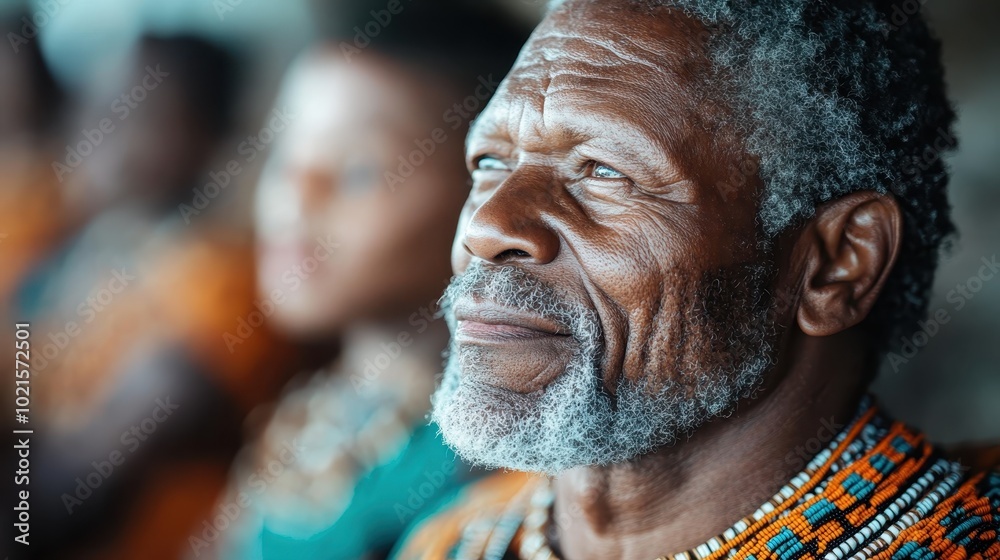 Elderly man with a serene expression looks into the distance, capturing ...