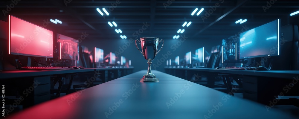 Esports trophy in the center of a competitive gaming setup. E-sports ...