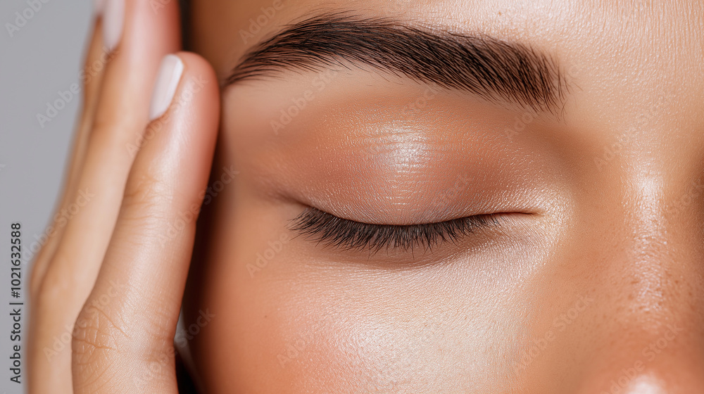A macro shot focusing on a closed eye with smooth, soft skin, as a ...