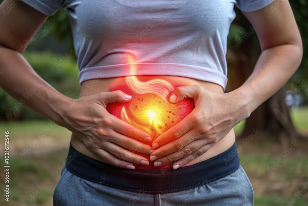 Visualizing gastritis with stomach pain on a standard scale outdoors ...