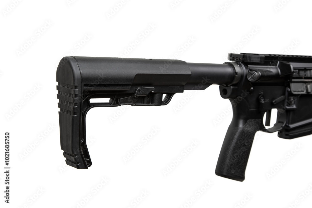 Close-up of the butt of the carbine. Modern automatic rifle isolated on ...