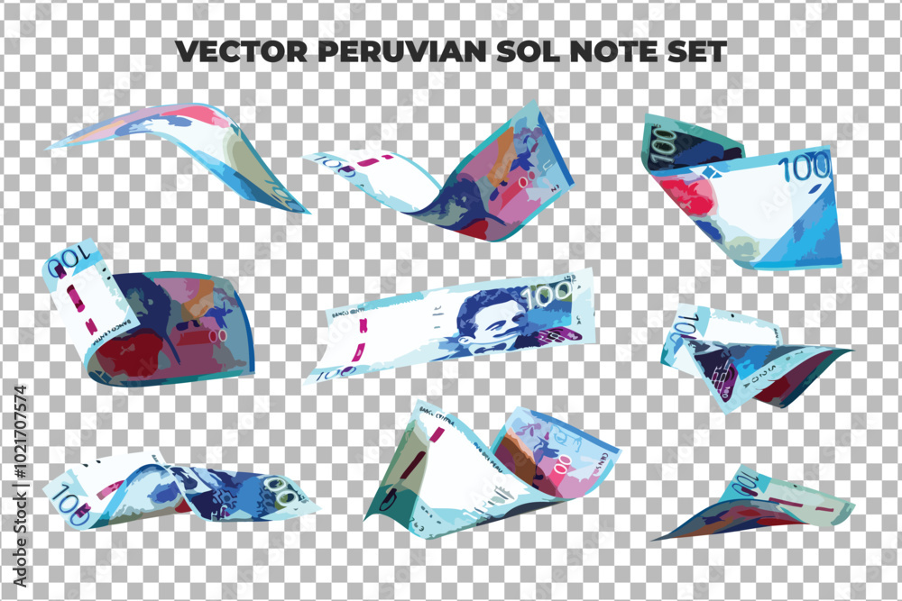 Vector illustration of set of 100 Peruvian sol notes flying in ...