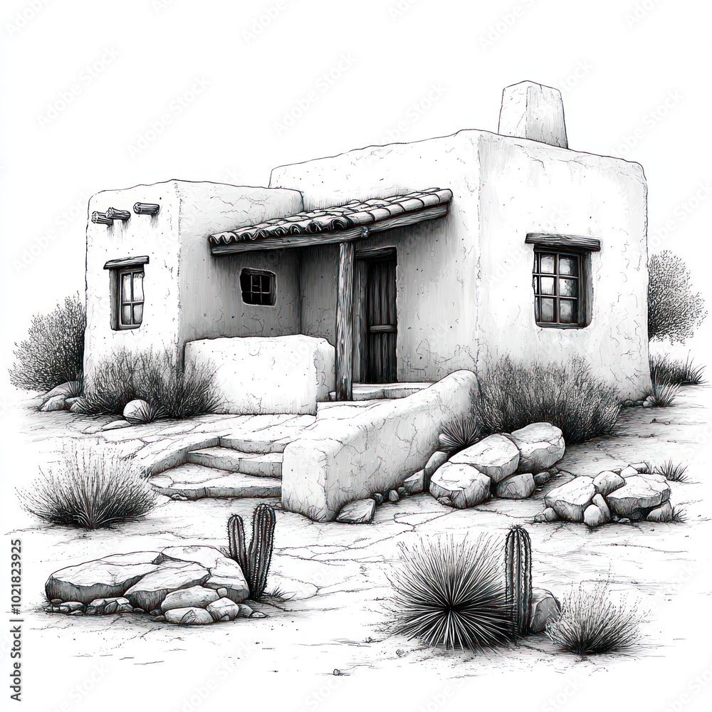 A detailed pencil sketch of a white adobe house with a covered porch ...