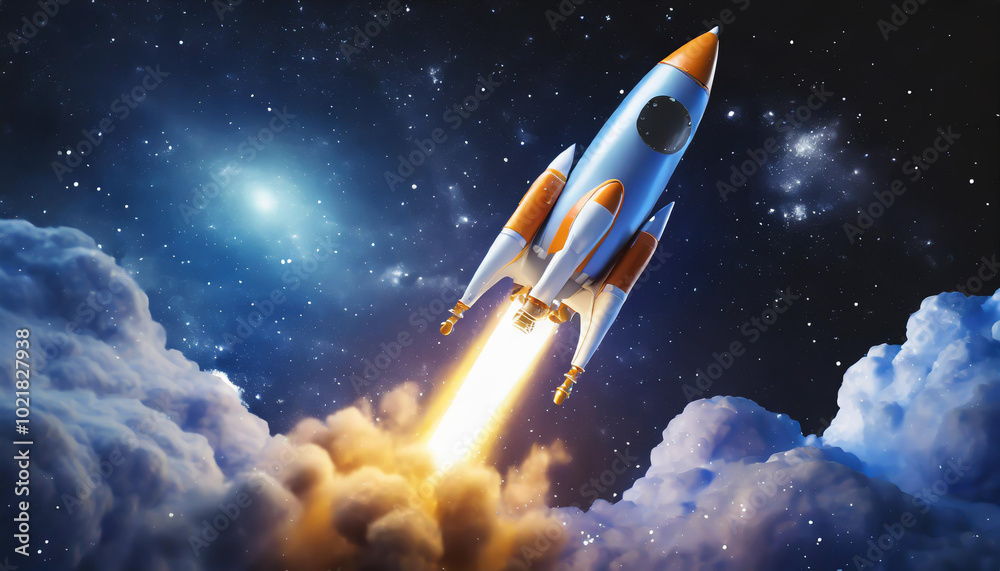 A colorful rocket launching into the vast cosmos with bright flames and ...