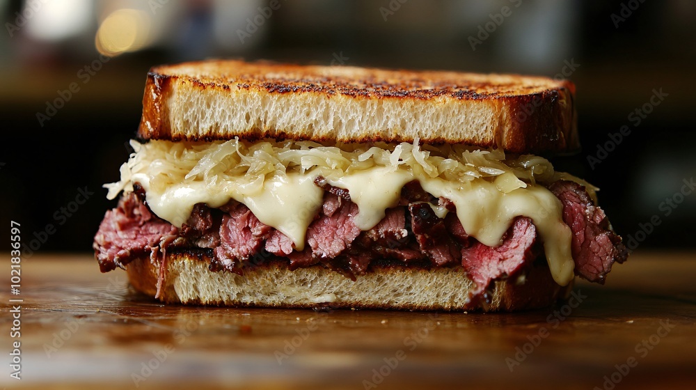Classic Reuben sandwich with corned beef, sauerkraut, and melted Swiss ...