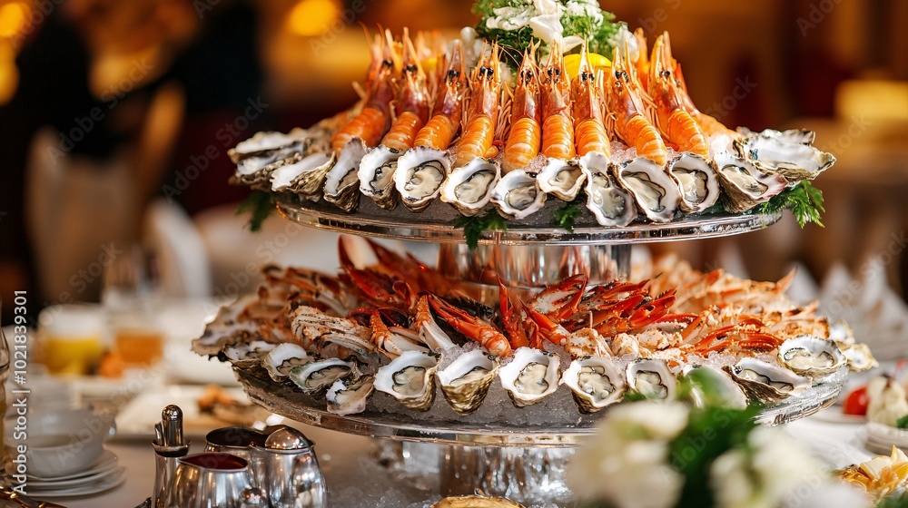 Elegant seafood tower with oysters, crab claws, shrimp, and a variety ...