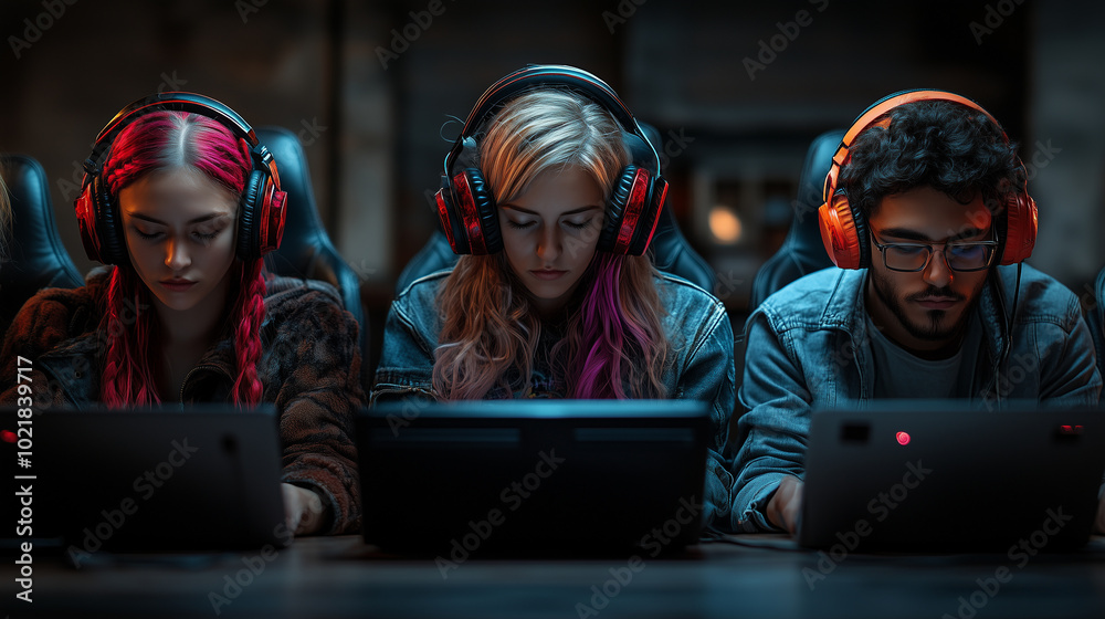 Group of diverse gamers playing an MMORPG together on multiple devices ...