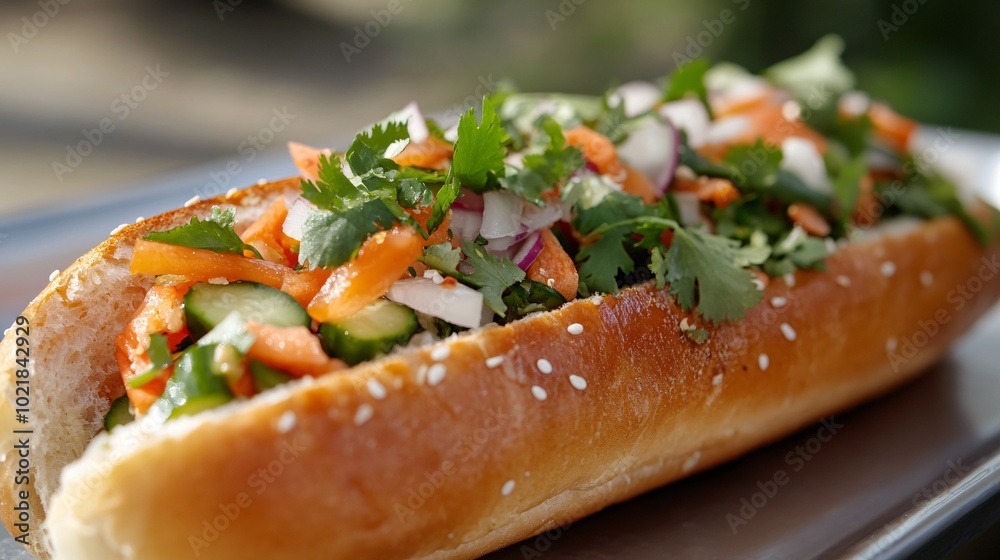 Handcrafted Vietnamese banh mi with pickled vegetables, fresh cilantro ...