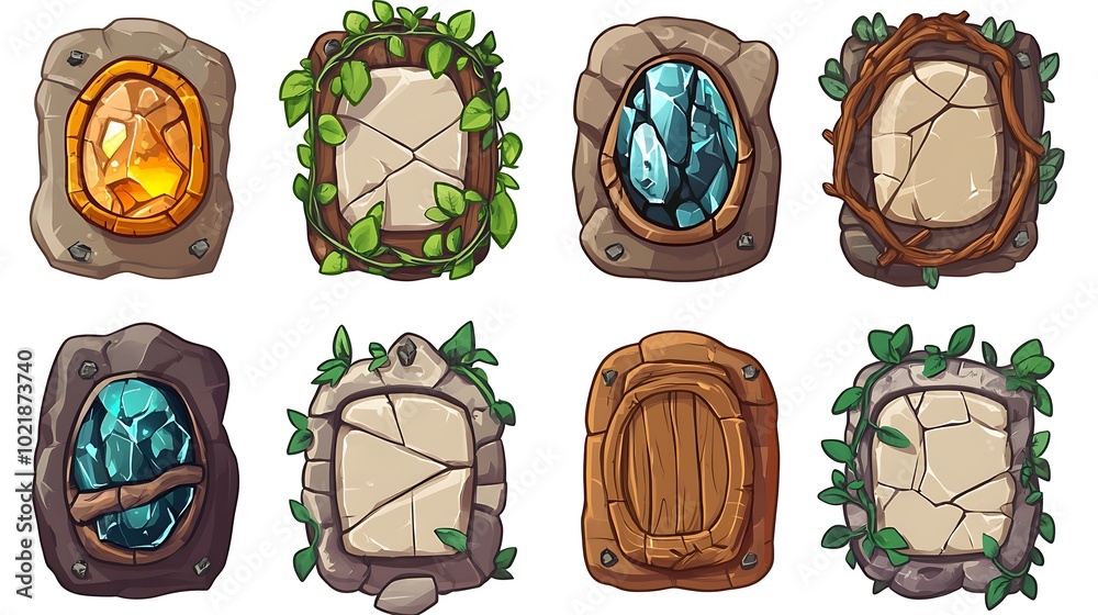 Cartoon Stone, Wood and Vines Frame GUI Set, Game UI Assets Stock ...