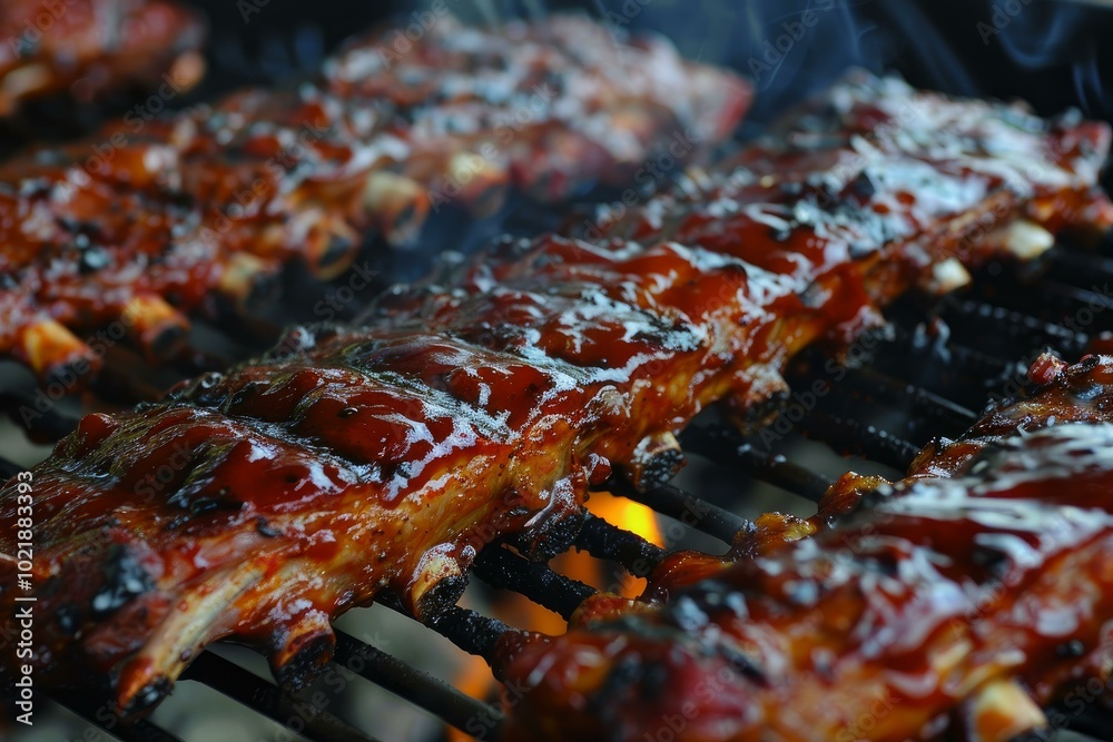 Barbecue pork baby back ribs cooking on a grill with flames Stock Photo ...