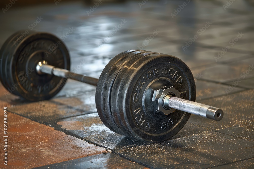 Black barbell is lying on the gym floor after a strenuous strength ...