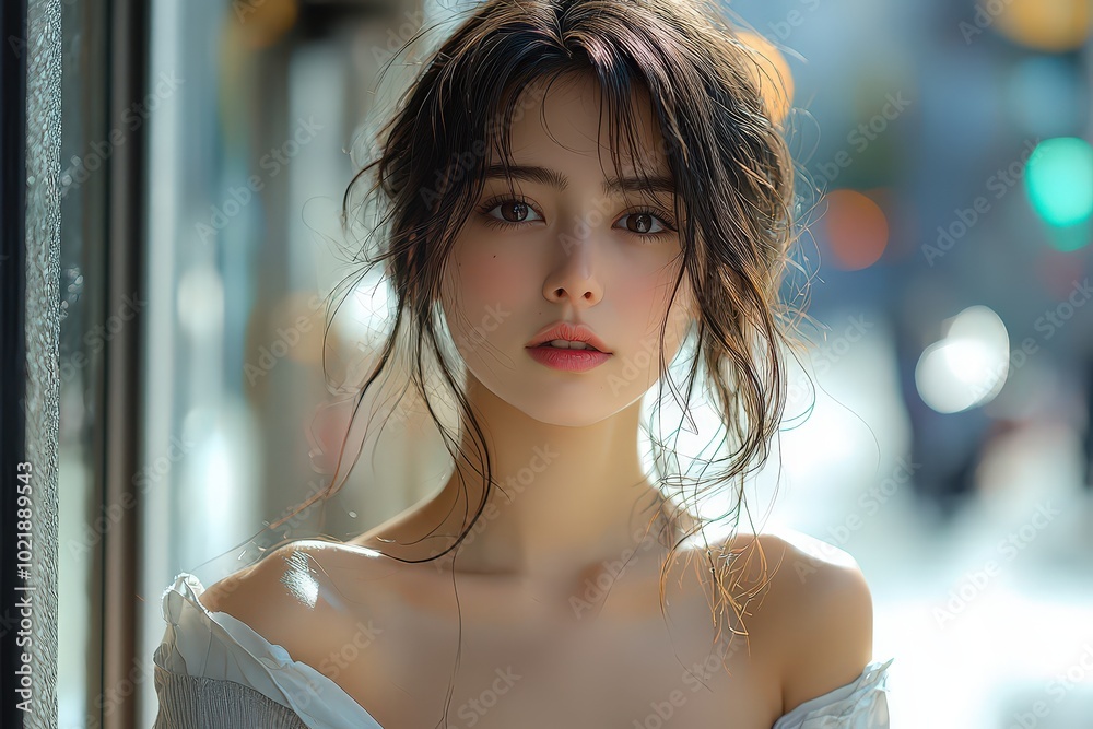 Cute Japanese woman posing for photos, wearing white blouse and grey ...