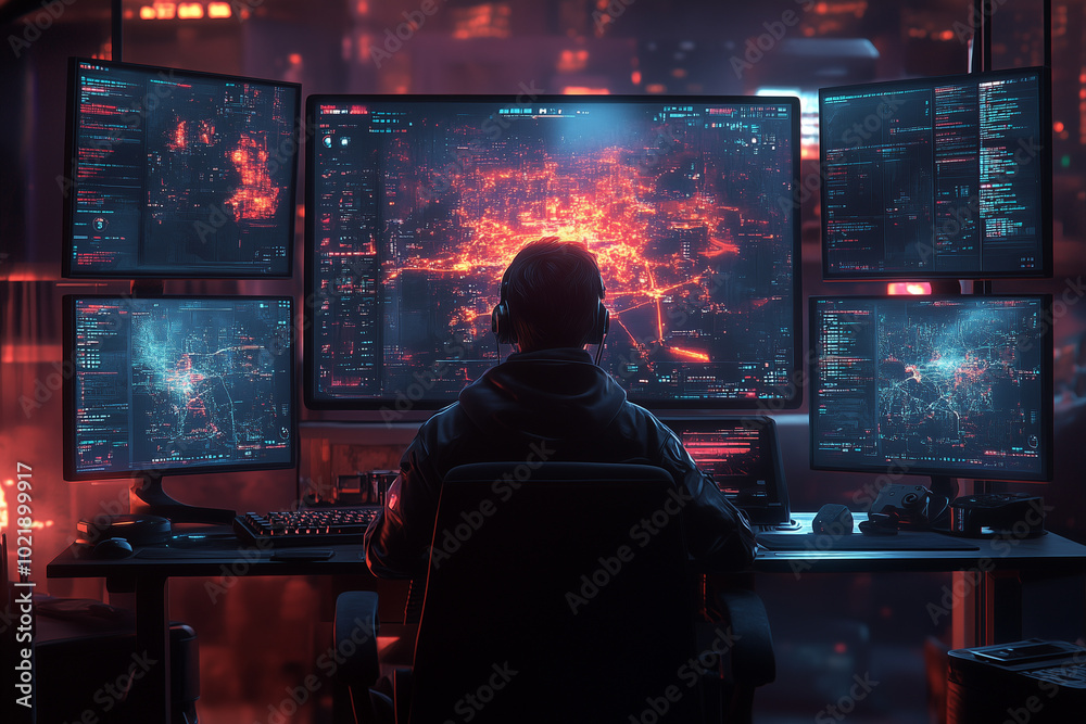 Artistic rendering of a gamer sitting in a high-tech gaming room ...
