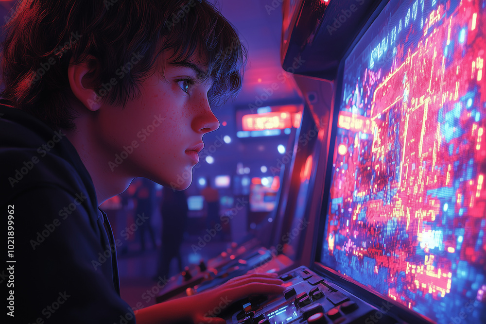 Artistic depiction of a gamer usin a joystick to navigate a retro ...