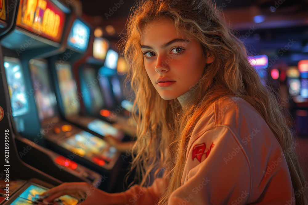 Artistic rendering of a group of gamers at an arcade, each using ...