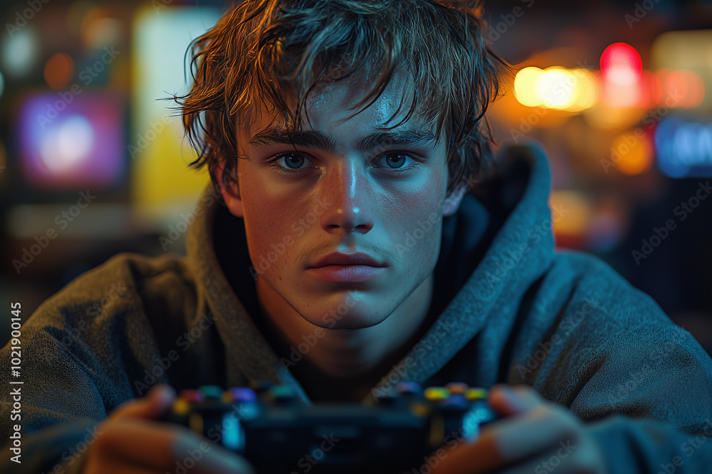 Photorealistic depiction of a male gamer playing a competitive sports ...