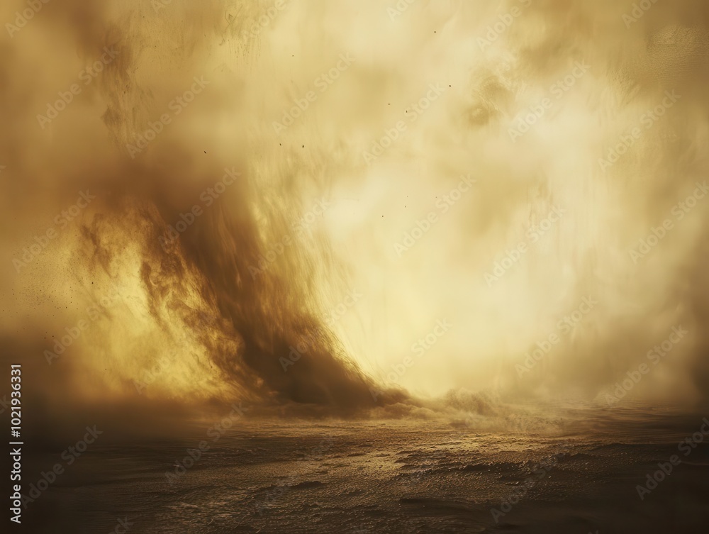 a dramatic dust cloud rises from the ground, simulating a powerful sandstorm in a desert ...