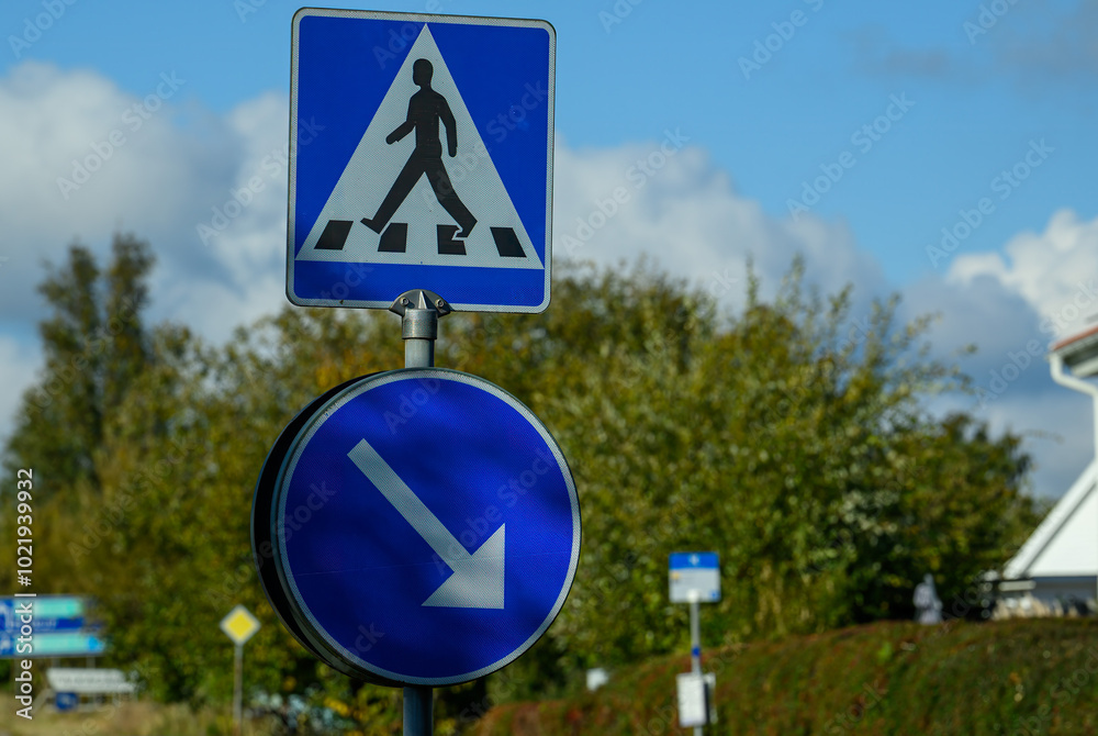 A pedestrian crossing sign stands prominently alongside a blue ...
