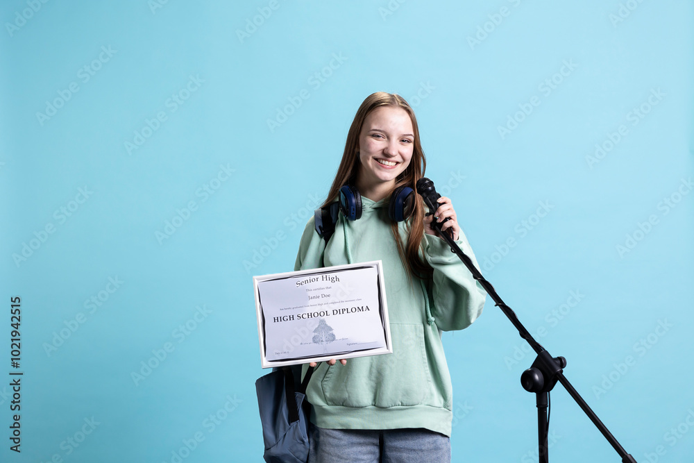 Proud teenage student holding high school diploma, using microphone to ...