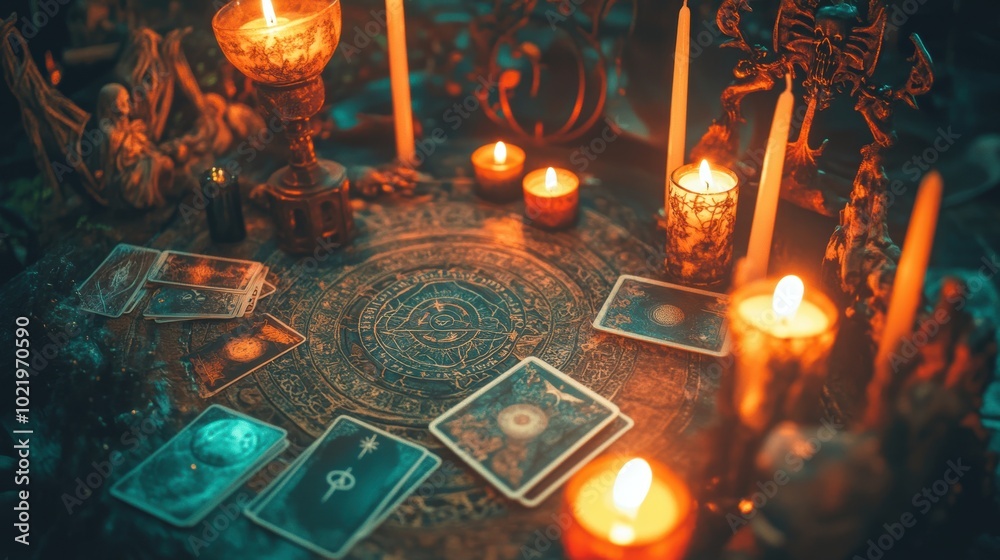 Altar filled with occult symbols, candles in a circle, Tarot cards ...