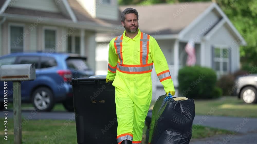 Garbage collector, dustman, trashman. A man pushes a large plastic ...