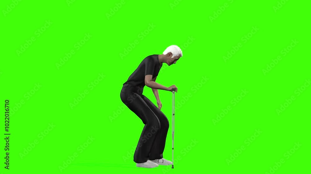 4k old man holding an axillary crutch and jumping animation with a ...