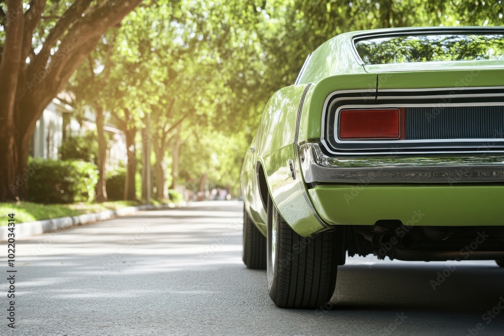 Vintage Green Car Parked On Quiet Tree-Lined Street With Rear View ...