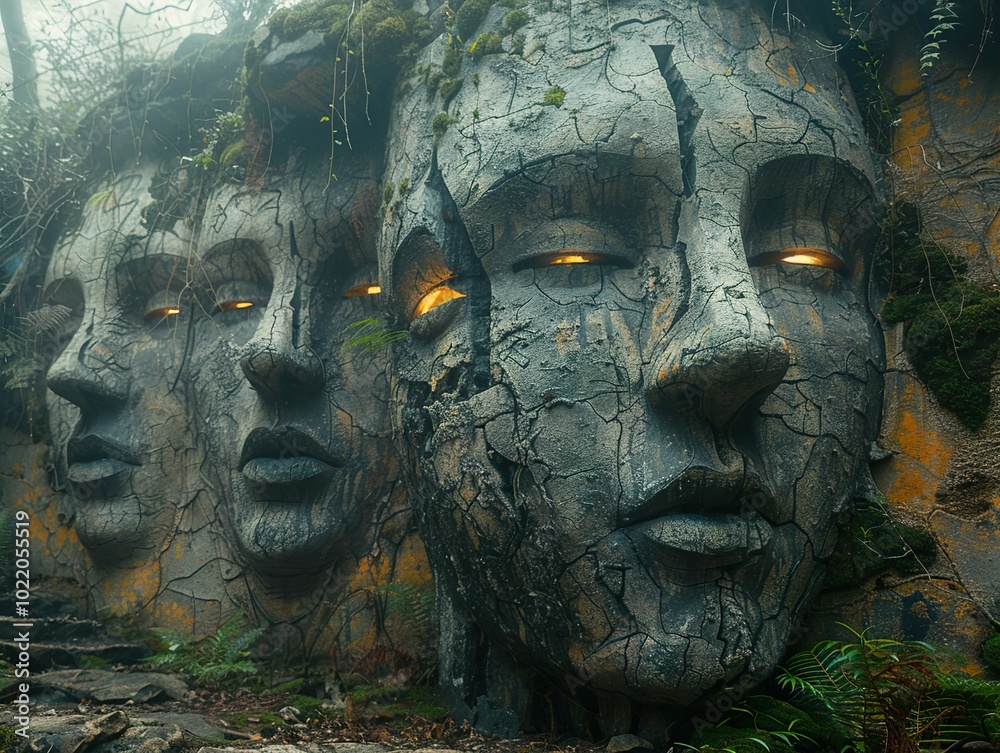 Stone Faces in an Enchanted Forest: Mystical Stone Sculptures in Nature ...