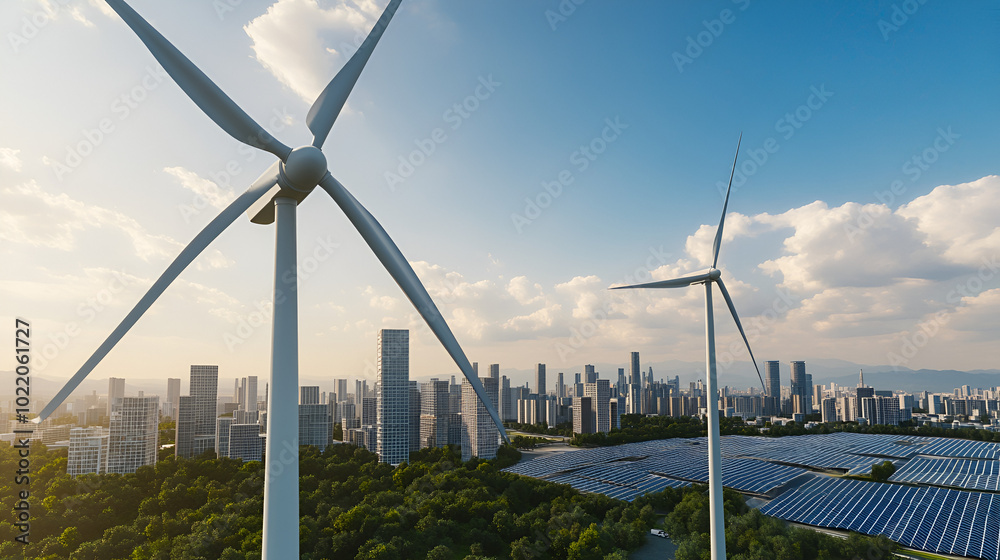 Wind turbines elegantly integrated into the city architecture, solar ...