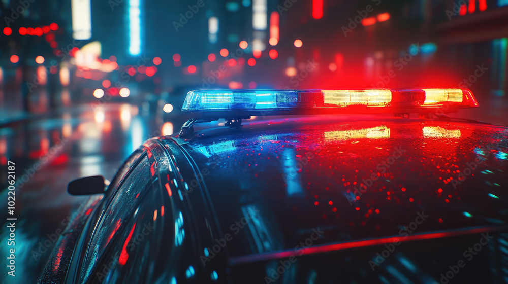 red and blue signal lights on the roof of a police car on a blurred ...