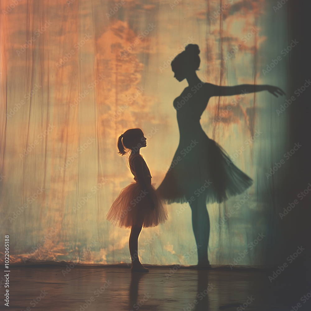 Little girl imagining herself as a ballerina with shadow of a dancer ...