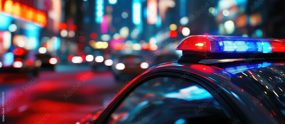red and blue signal lights on the roof of a police car on a blurred ...