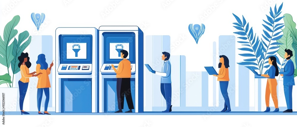 People interacting at modern kiosks in a vibrant urban setting with ...