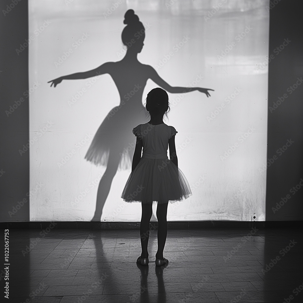 Little girl imagining herself as a ballerina with shadow of a dancer ...