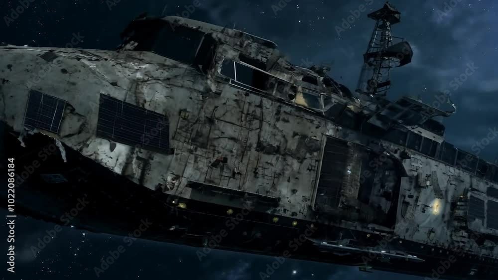 A large, derelict spaceship in the vastness of space, illuminated by a ...