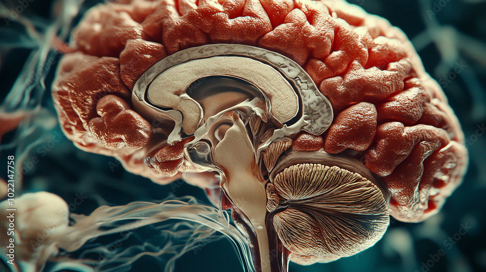 A detailed illustration of a human brain showing sections and ...