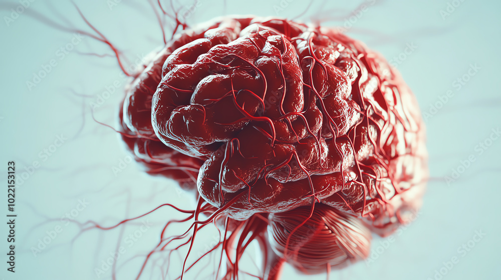 Detailed image of a human brain with blood vessels, showcasing ...